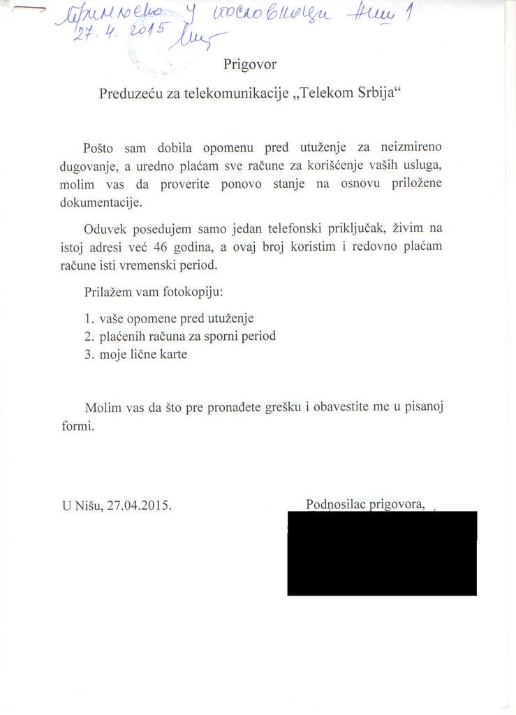 [Telekom Srbija] Opomena pred utuženje - Tuđi broj, moje ime ...